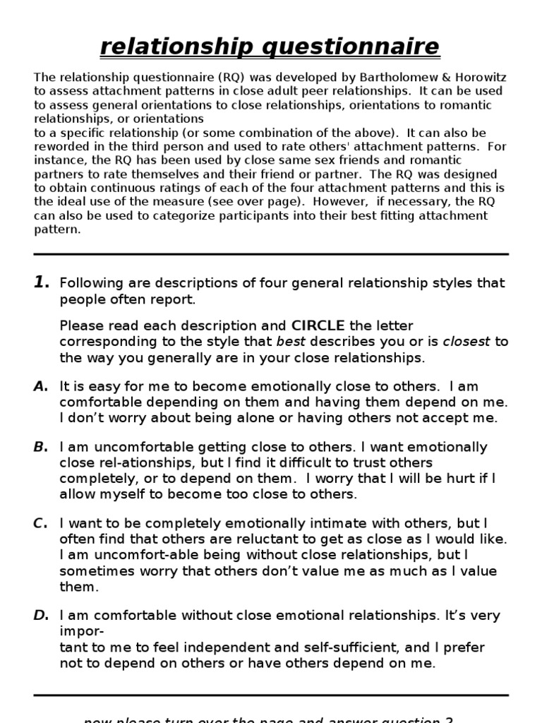 Assessment, Attachment, RLTNSHP Questnre - 0 | PDF | Attachment Theory ...