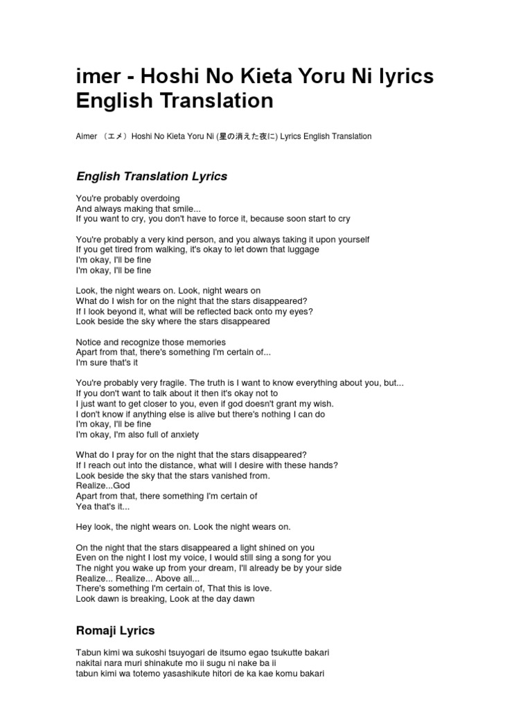 Aimer - Hoshi No Kieta Yoru Ni | PDF | Japanese Writing System ...