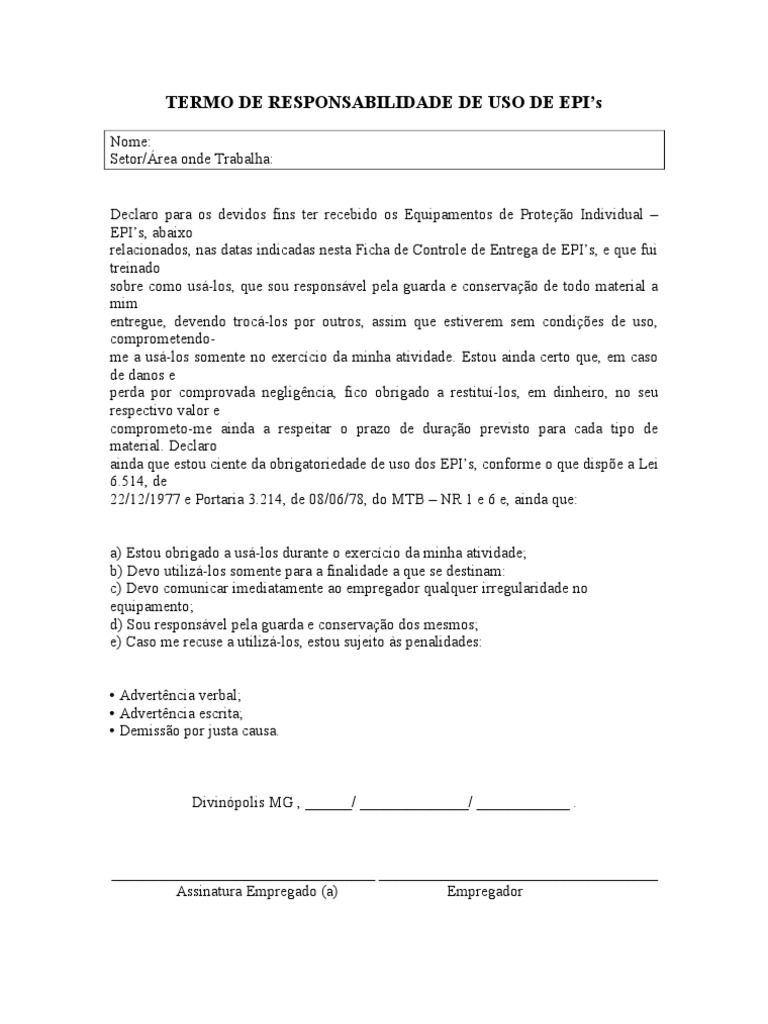 TERMO DE RESPONSABILIDADE DE USO DE EPI.doc | Business