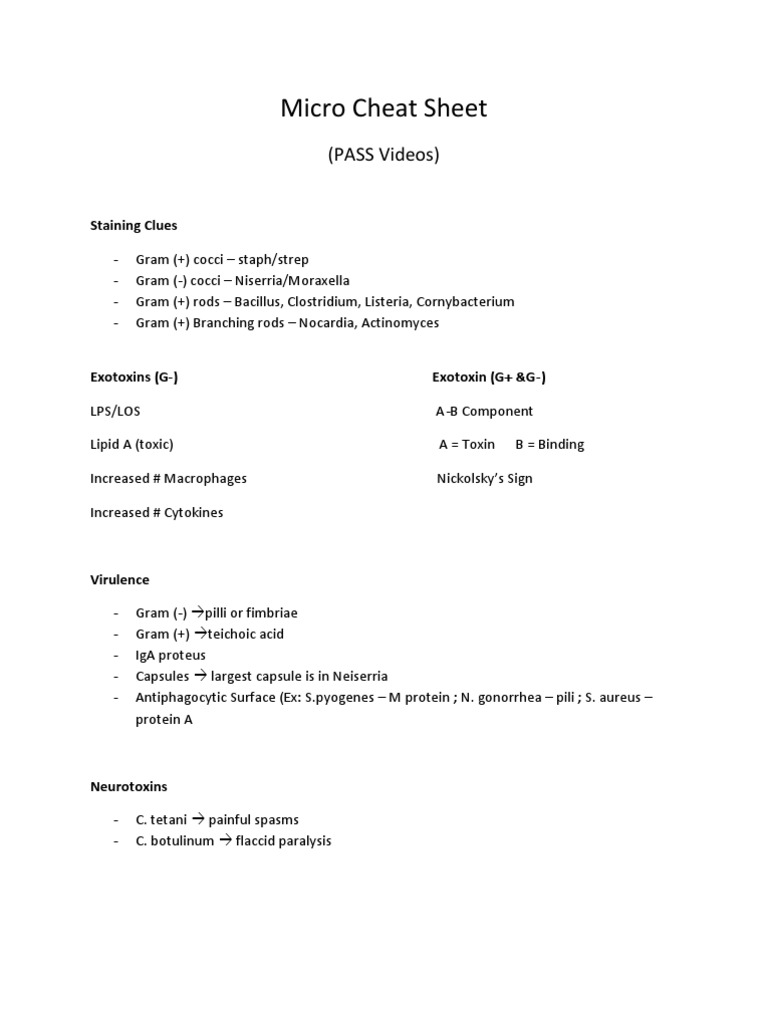 Micro Cheat Sheet #1 For PASS Program | PDF | Streptococcus | Microbiology