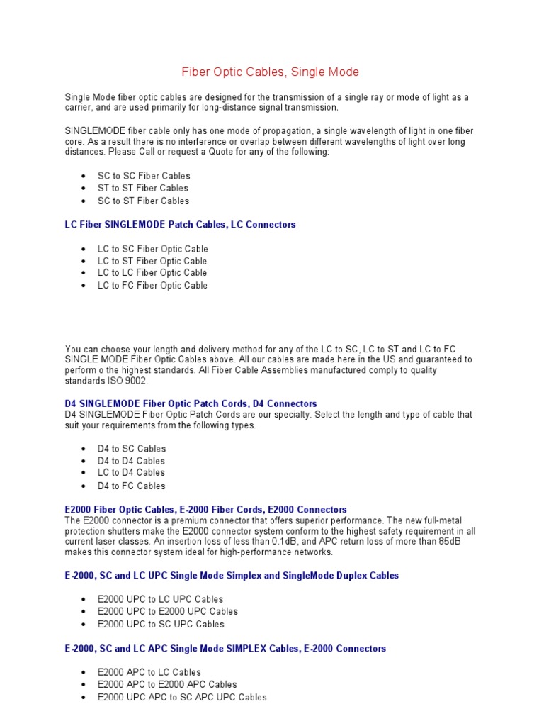 Single Mode Fiber Optic Cables Guide | PDF | Optical Fiber | Optics