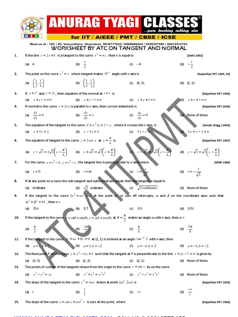 Worksheet by Atc On Tangent and Normal: K X y y X | PDF | Tangent | Slope