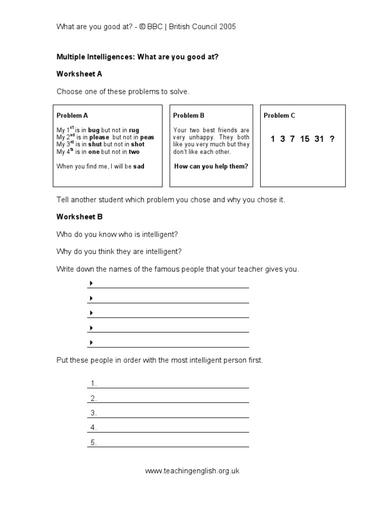 Intelligence Worksheet | Intelligence | Cognitive Science