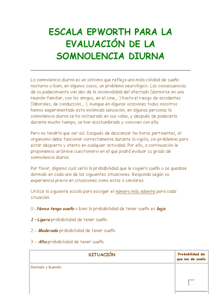Escala Epworth para La Evaluación de La Somnolencia Diurna | PDF ...