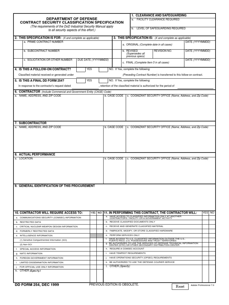 Dd0254 - DoD Contract Security Classificiation | Classified Information ...