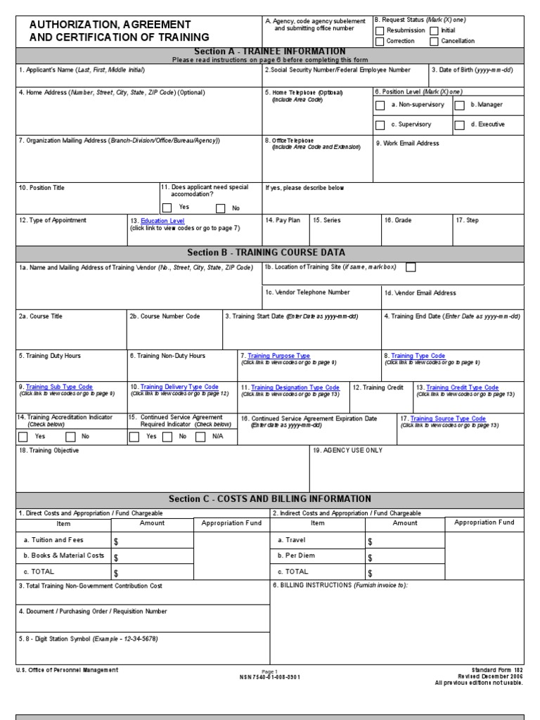 SF182 - Authorization, Agreement and Certification of Training | PDF ...