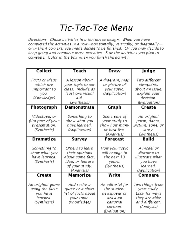 Tictac Toe Menu Blooms Taxonomy | PDF