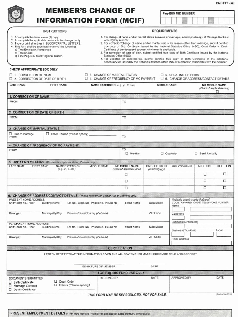 PFF049 MembersChangeofInformationForm | PDF | Birth Certificate ...