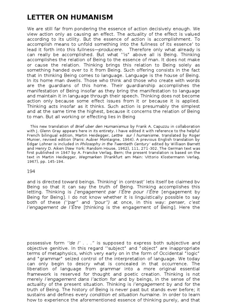 Heidegger's Letter on Humanism Explained | PDF | Philosophy