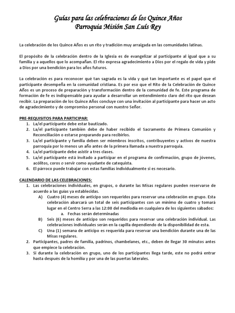 Quinceañera Guidelines (Spanish) | Misa (liturgia) | Confirmación