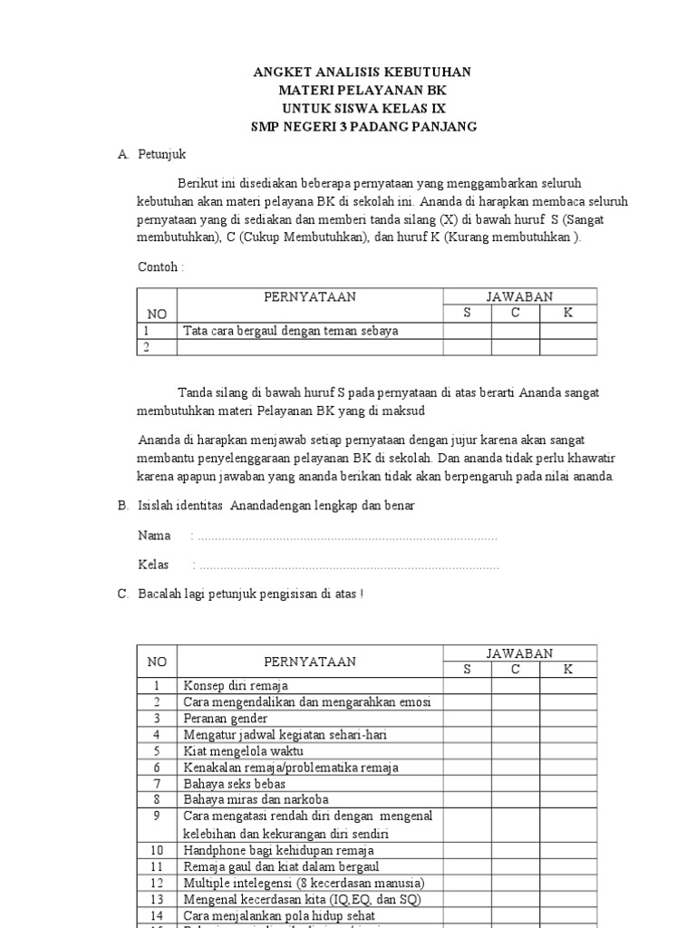 Angket Analisis Kebutuhan Materi Pelayanan BK Untuk Siswa | PDF | Karier & Perkembangan