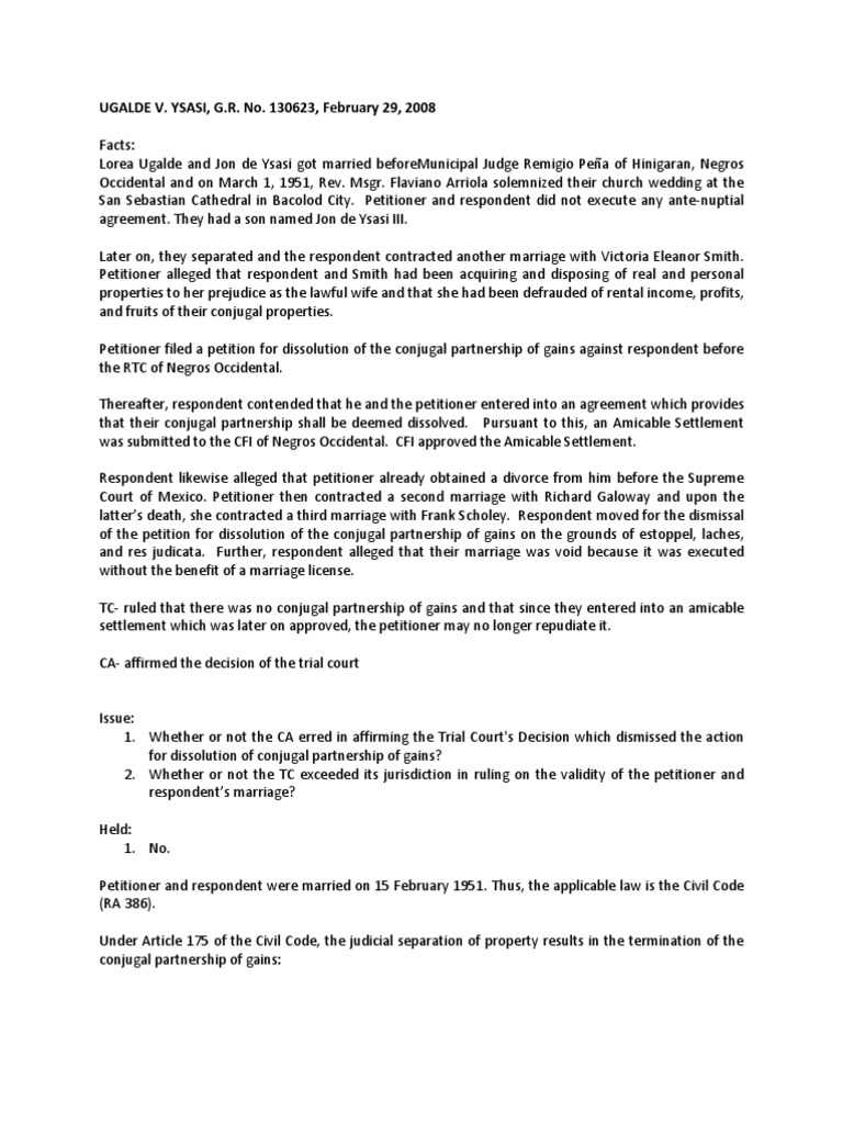 Ugalde v. Ysasi-Judicial Separation of Property | PDF | Annulment ...