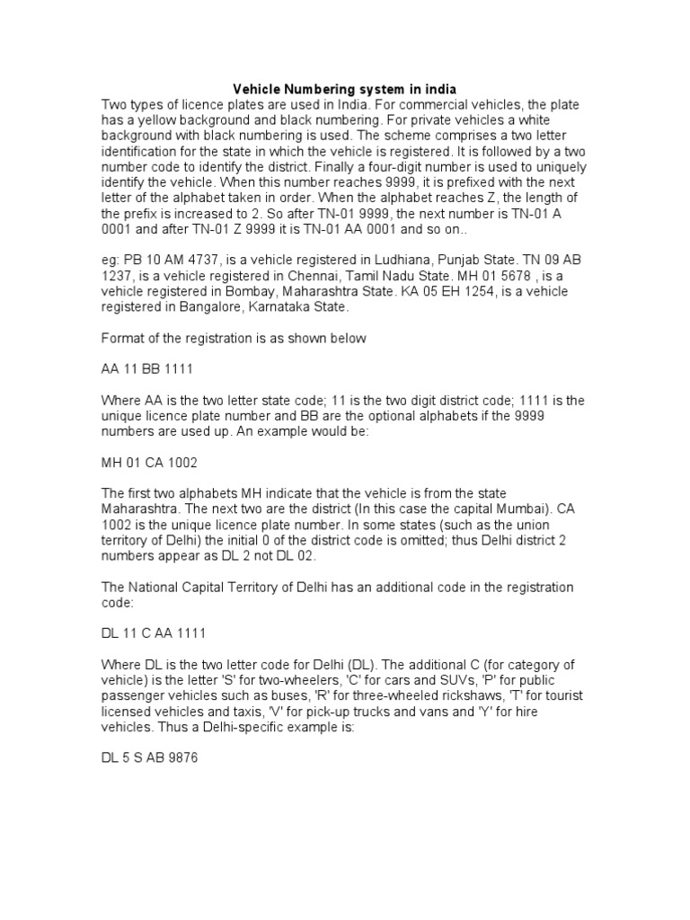 Vehicle Numbering System in India | Download Free PDF | Vehicle ...