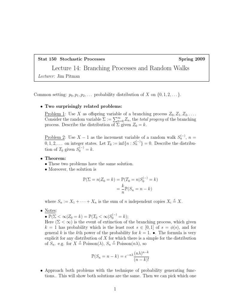 Lecture 14: Branching Processes and Random Walks | PDF | Stochastic Process | Probability ...