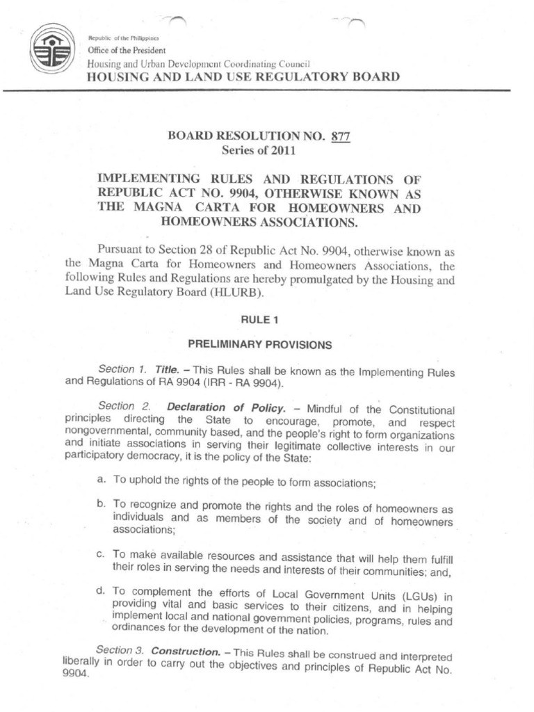 IRR - RA - 9904 HLURB Magna Carta For Homeowners' Association | PDF ...