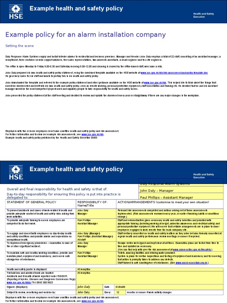 Health and Safety Policy Example | PDF