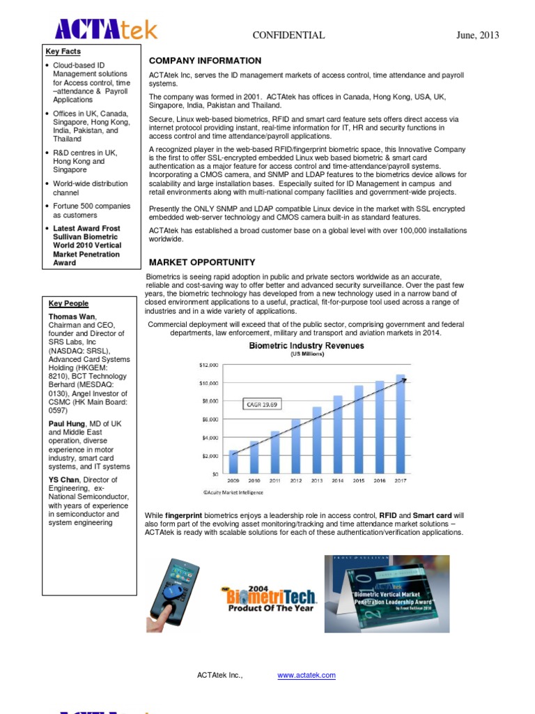 ACTAtek Corporate Fact Sheet June 2013 | PDF | Smart Card | Biometrics