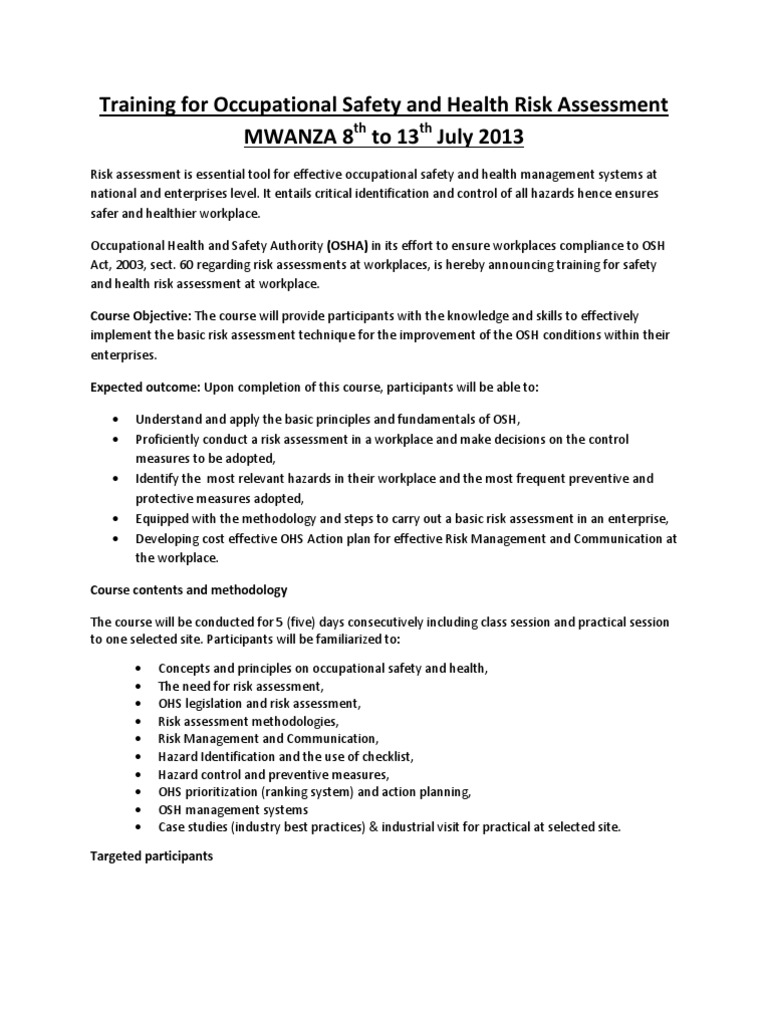 OOSHA - HS Risk Assesment Training Advertisement | PDF | Occupational ...