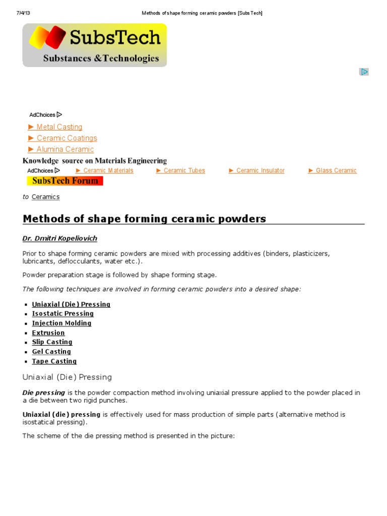 Methods of Shape Forming Ceramic Powders (SubsTech) | PDF | Ceramics ...