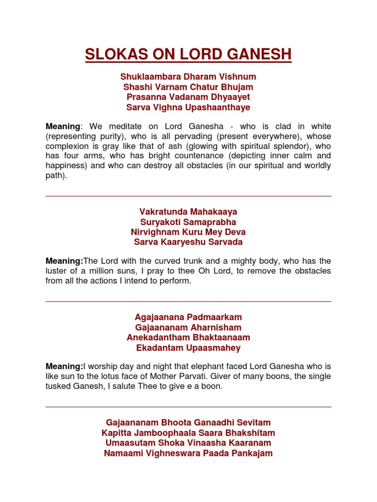 Ganesha Slokas and Their Meanings | PDF