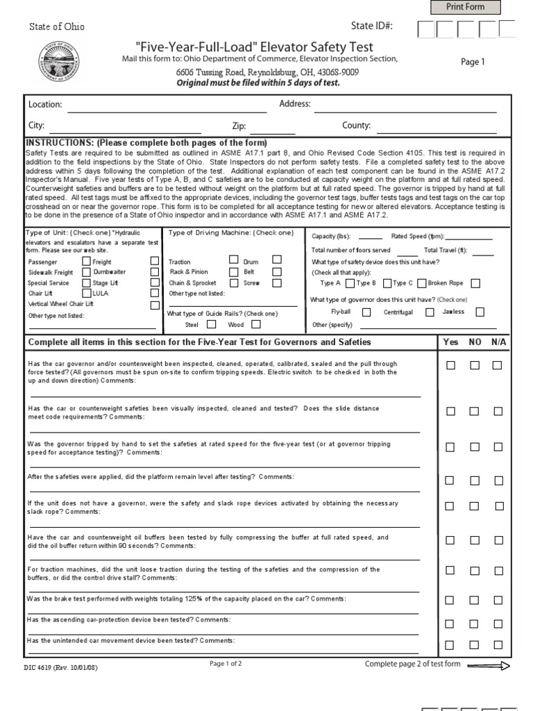 Elevator Five Year Safety Test Form | PDF | Elevator | Industries