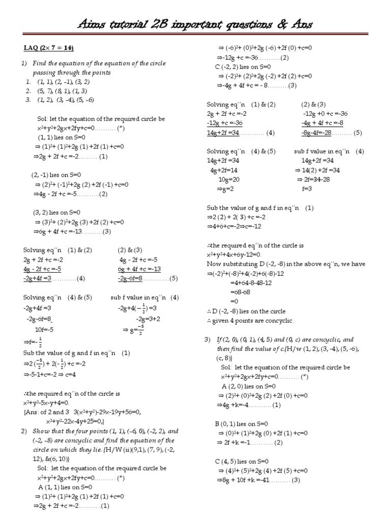 Aims Tutorial 2B Important Questions | PDF | Circle | Tangent