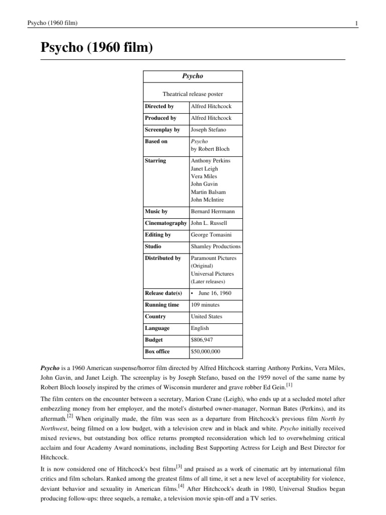 Psycho (1960 Film) | PDF | Alfred Hitchcock | Leisure