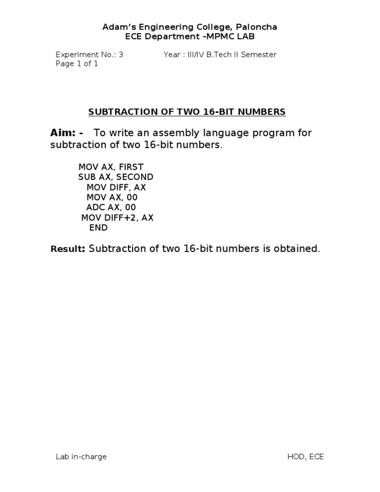 Subtraction of Two 16 Bit Numbers | PDF