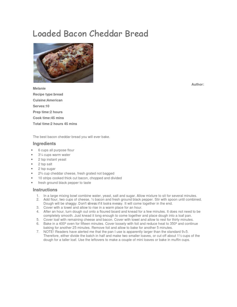 Loaded Bacon Cheddar Bread Recipe | PDF | Cooking, Food & Wine | Home ...