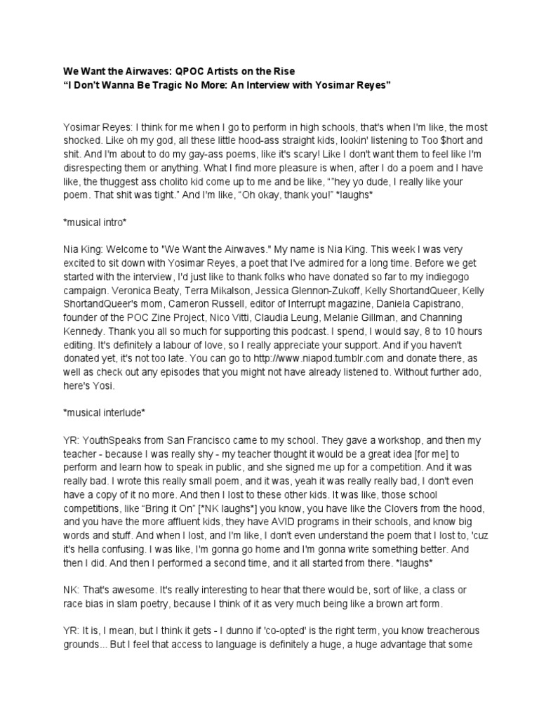 We Want The Airwaves - Yosimar Reyes | PDF | Poetry | Teaching And Learning