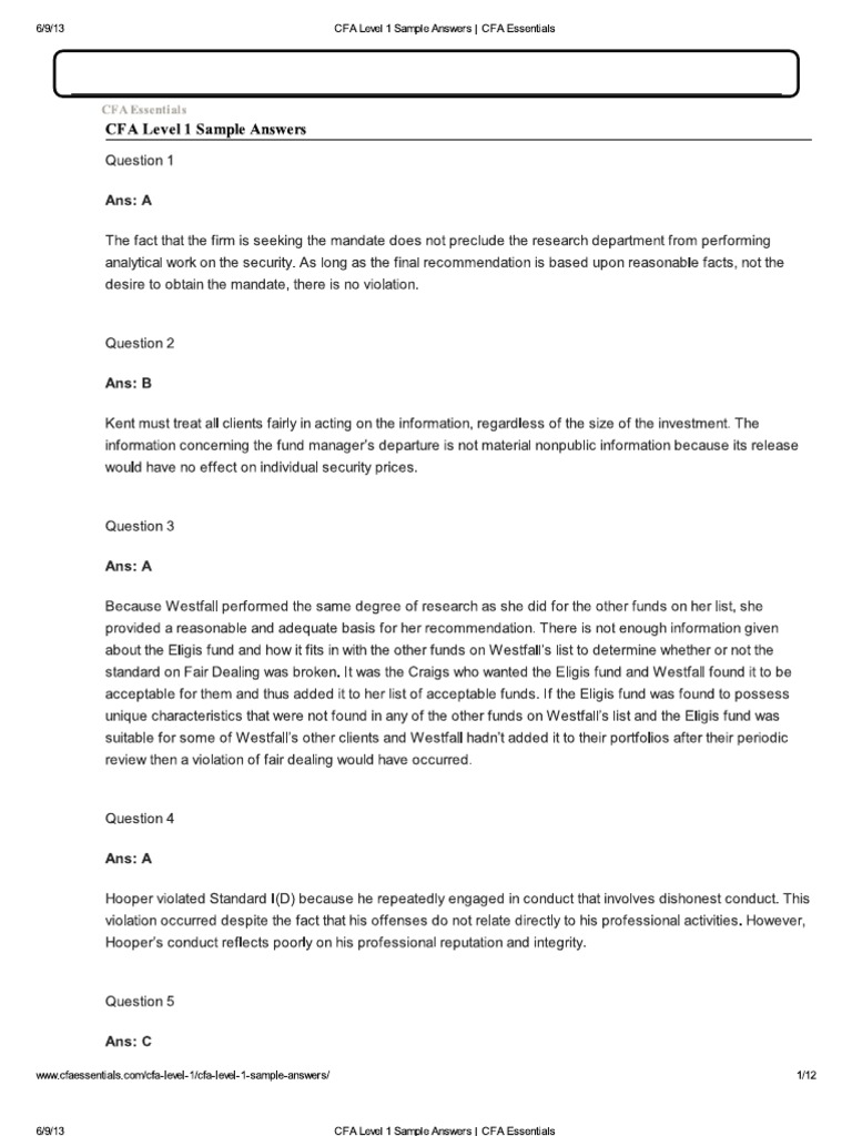 CFA Level 1 Sample Answers - CFA Essentials | PDF | Foreign Language ...