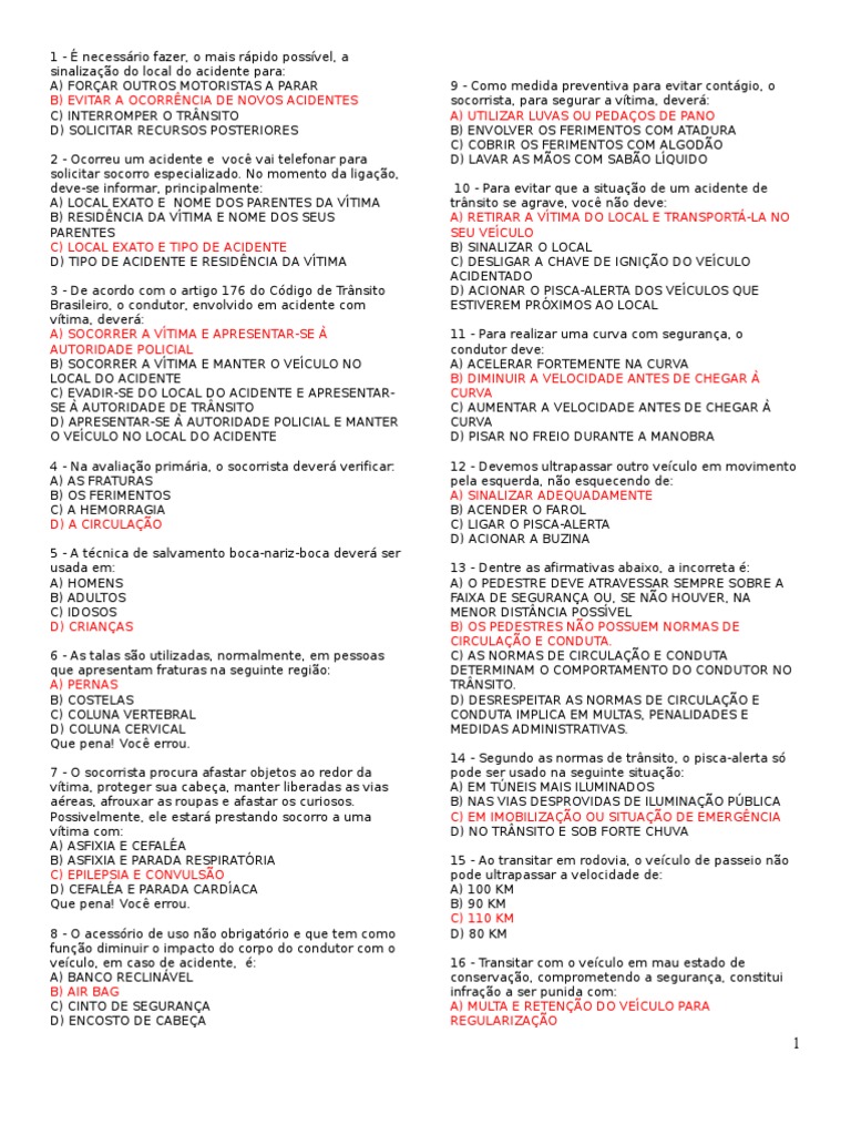 Simulado Detran Com Respostas | PDF | Tráfego | Primeiros socorros