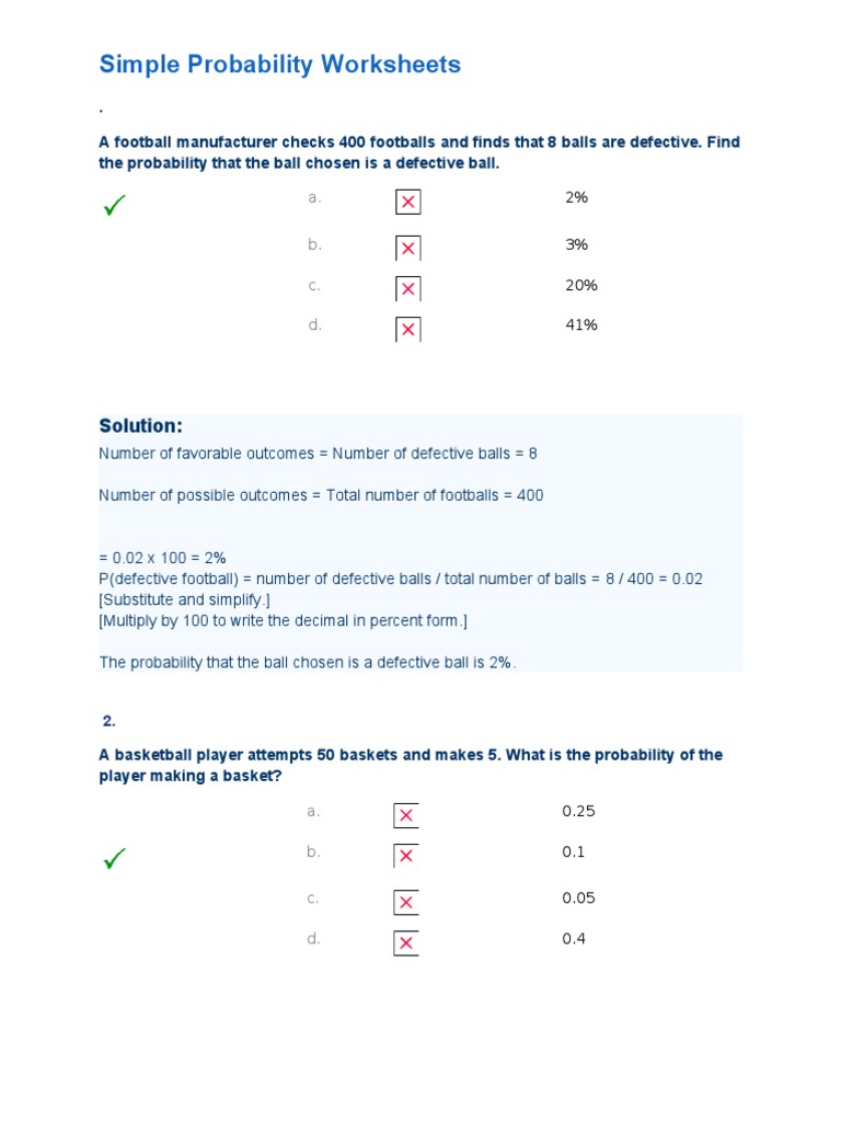 Simple Probability Worksheet Answers | PDF | Odds | Probability