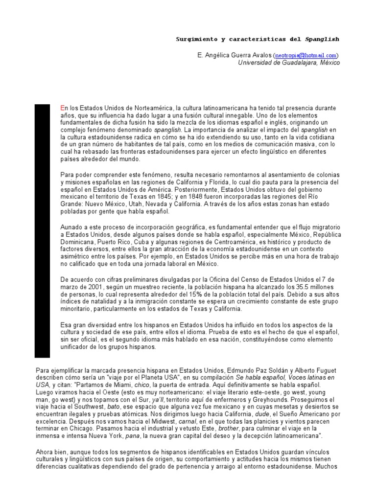 Surgimiento y Características Del Spanglish | PDF | Lengua española ...