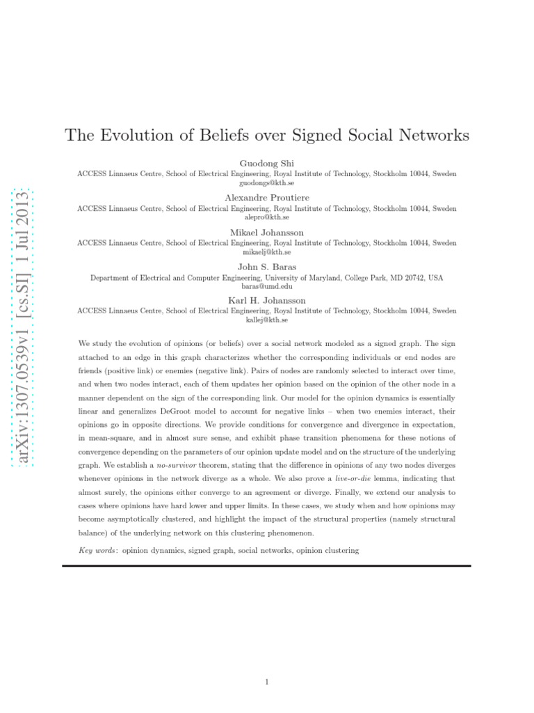 The Evolution of Beliefs Over Signed Social Networks: Guodong Shi | PDF | Eigenvalues And ...