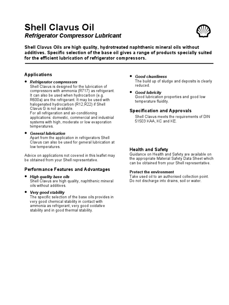 Shell Clavus Oil: Refrigerator Compressor Lubricant | PDF | Oil ...