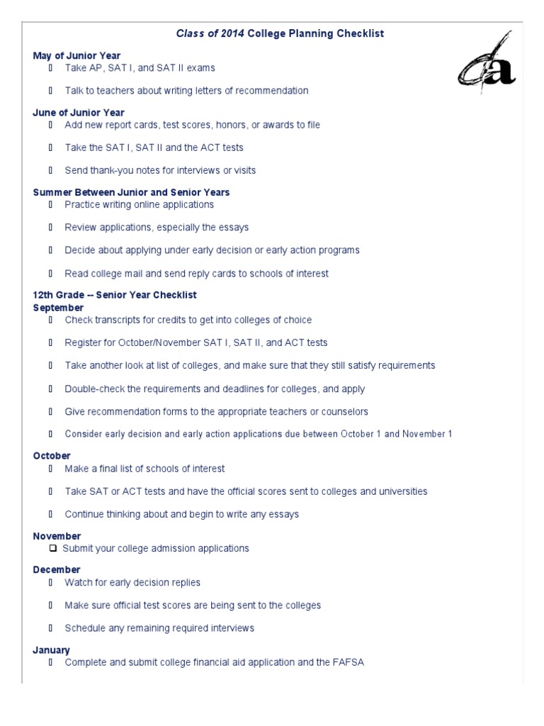 Class of 2014 College Planning Checklist: May of Junior Year | PDF ...