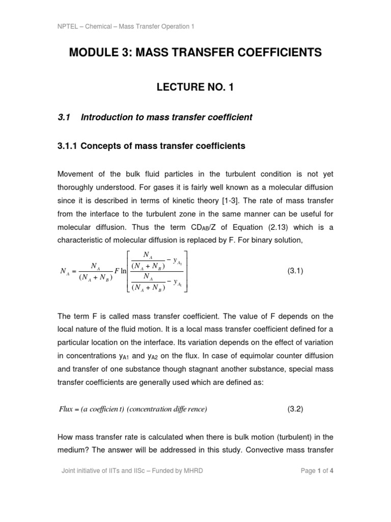 Module 3: Mass Transfer Coefficients: Lecture No. 1 | PDF | Diffusion | Mass Transfer
