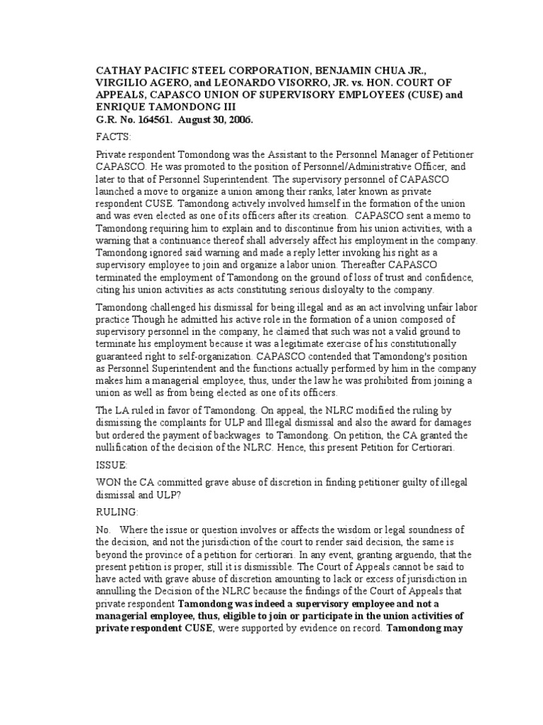 Cathay Pacific Steel Corporation v. CA | PDF | Certiorari | Employment