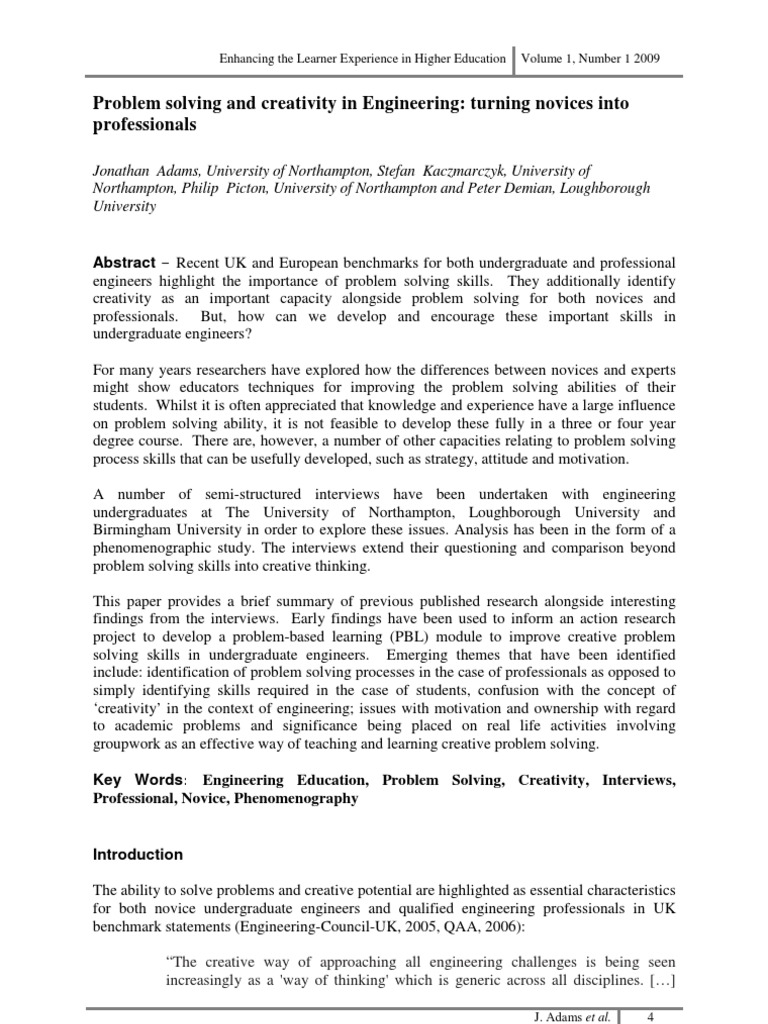 Problem Solving and Creativity in Engineering: Turning Novices Into Professionals | PDF ...