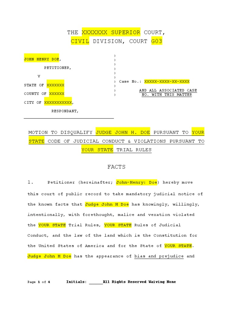 Motion To Disqualify Judge Template 1 | PDF | Judicial Disqualification ... Motion To Disqualify Judge Template 1 | PDF | Judicial Disqualification ...