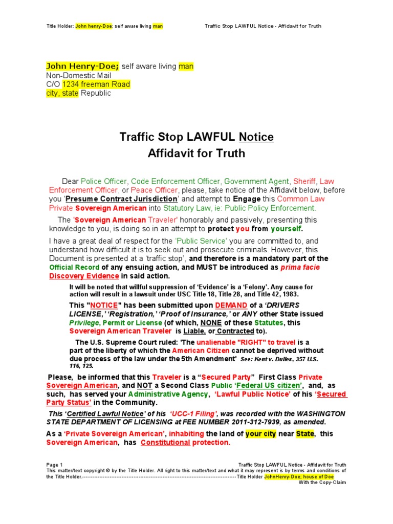 Traffic Stop LAWFUL Notice | Download Free PDF | Fifth Amendment To The ...