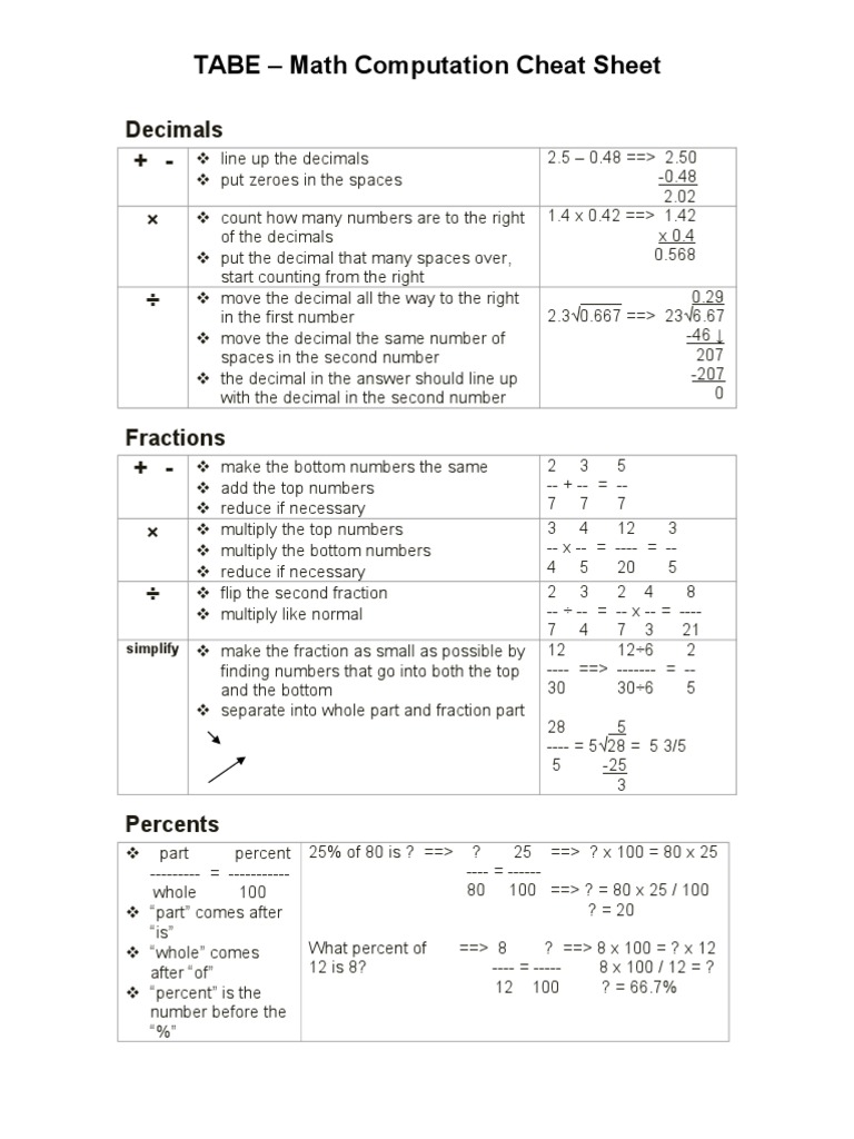 TABE - Math Computation Cheat Sheet: Decimals + - × | PDF | Decimal ...