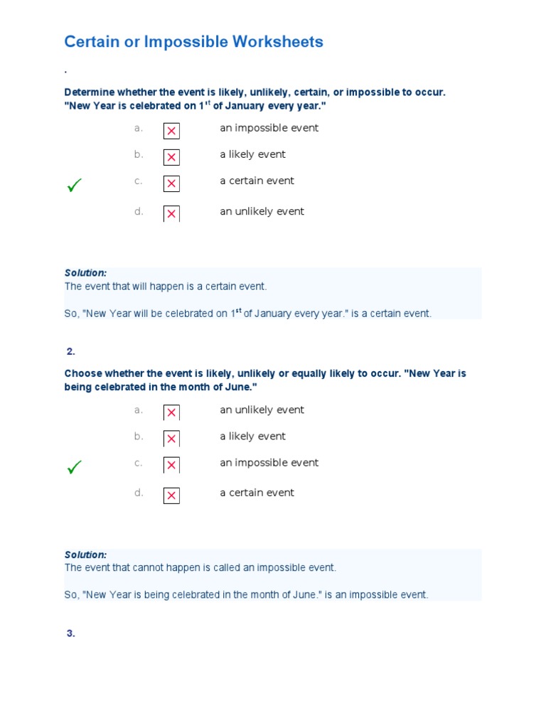 Certain or Impossible Worksheets | PDF | Playing Cards | Probability