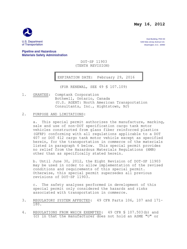 Comptank Corp's DOT-SP 11903 Permit | PDF | Dangerous Goods | Fiberglass
