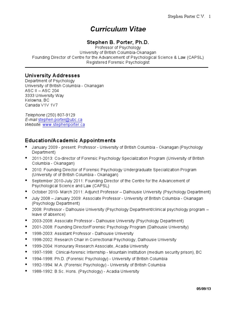 PORTER CV MAY 2013 (Research Version) | PDF | Psychopathy | Deception