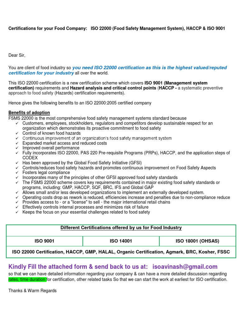 Email Letter For Food Ind. | PDF | Hazard Analysis And Critical Control ...