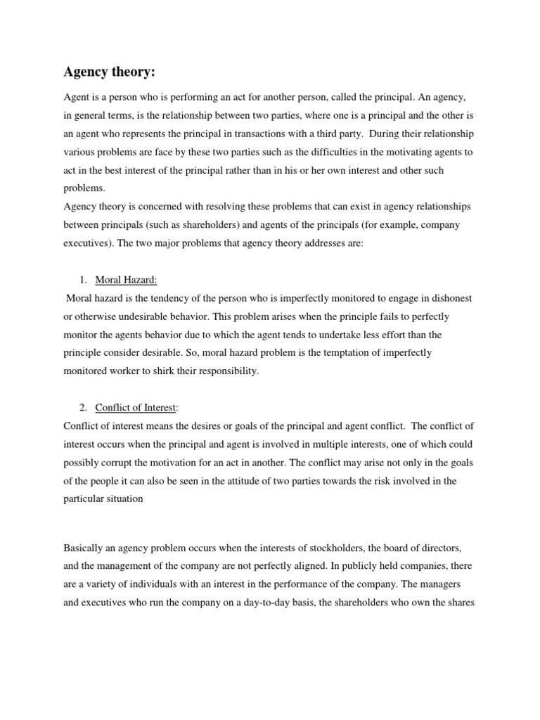 Agency Theory | PDF | Moral Hazard | Board Of Directors