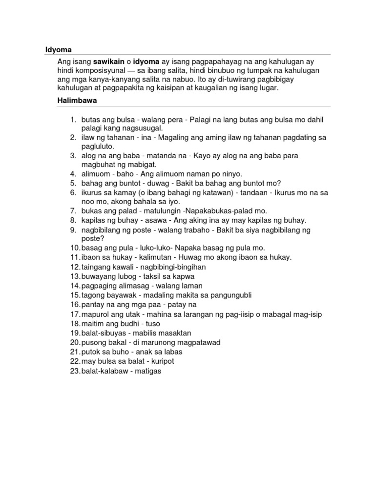 Ano Ang Idyoma at Mga Halimbawa | PDF