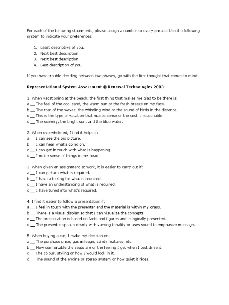Representational System Assessment © Renewal Technologies 2003 | PDF ...